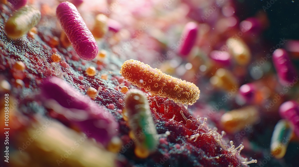 probiotics bacteria in the human stomach seen under a microscope, with ...
