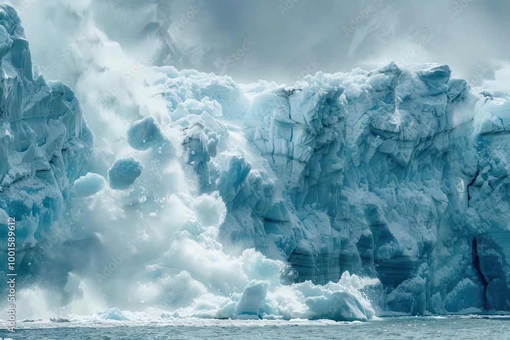 Ancient glacier calving into the ocean, with massive ice chunks falling, symbolizing ...