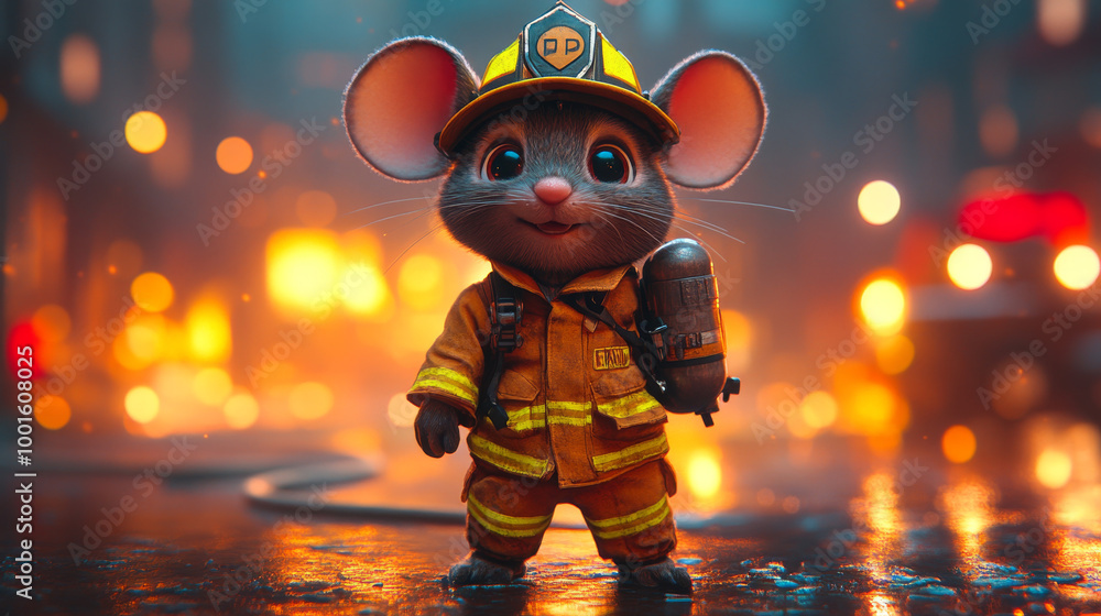 A cute mouse firefighter stands bravely in front of a blurry background ...