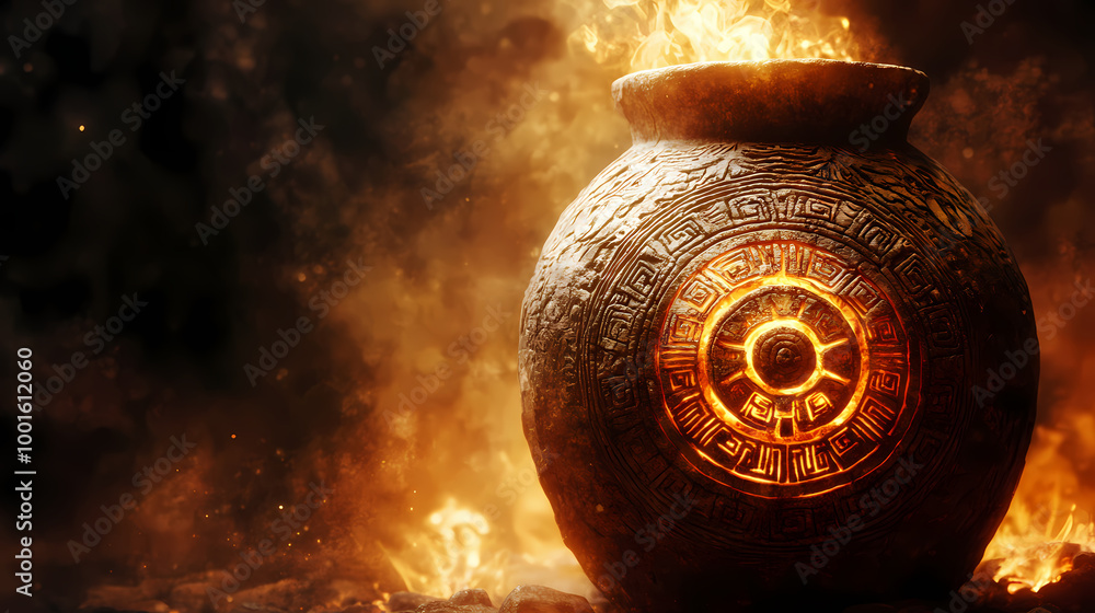Ancient jar with aztec calendar stone pattern, lit by flickering ...