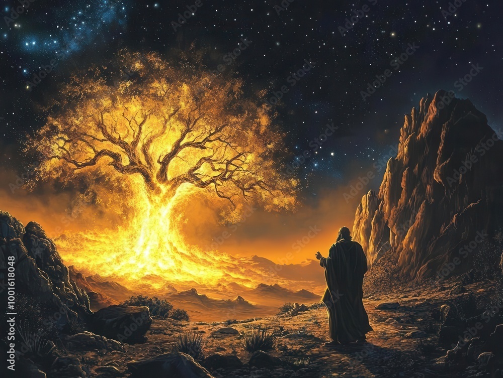dramatic biblical scene depicting moses facing a brilliantly glowing ...