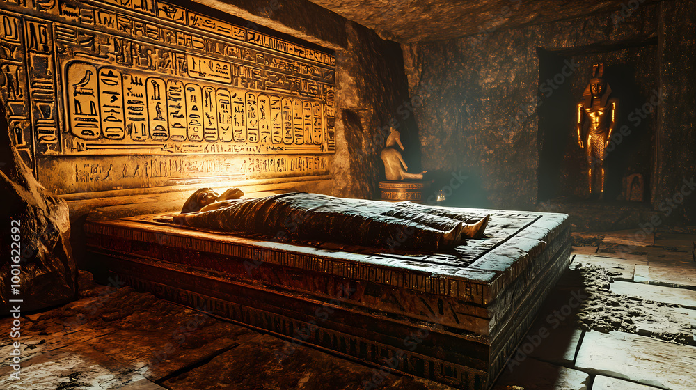Cursed egyptian tomb with animated hieroglyphs and awakening mummies. 3d illustration. Egyptian ...