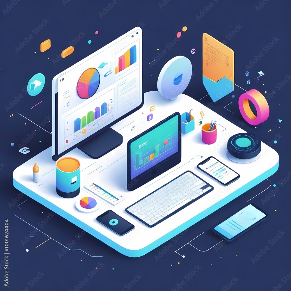 Isometric data analytics dashboard with charts and graphs in vibrant ...