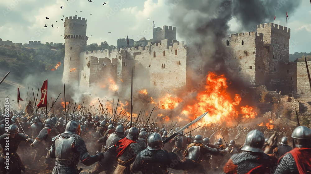 Medieval battle scene with armored soldiers fighting near a castle with ...