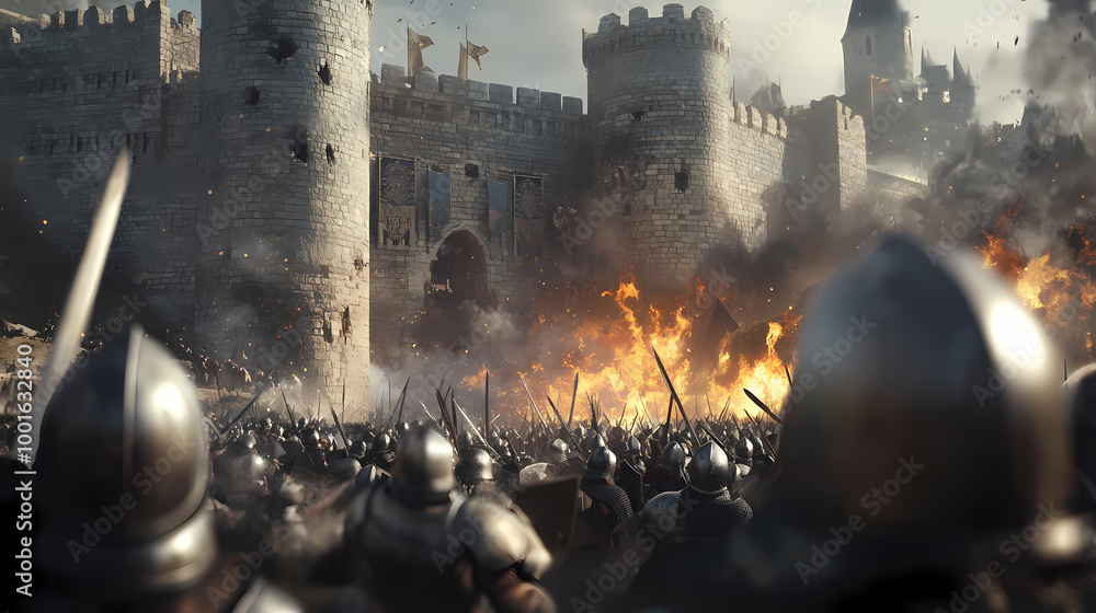 Medieval battle scene with armored soldiers fighting near a castle with ...
