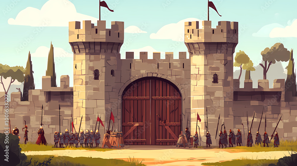 Medieval castle gate with soldiers and siege equipment. Medieval Castle ...