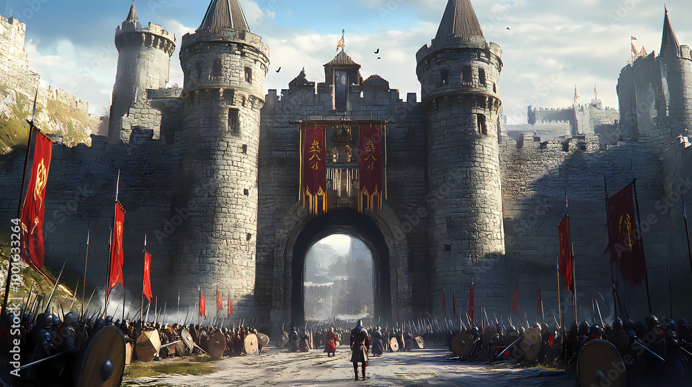 Medieval castle gate with soldiers and siege equipment. Medieval Castle ...