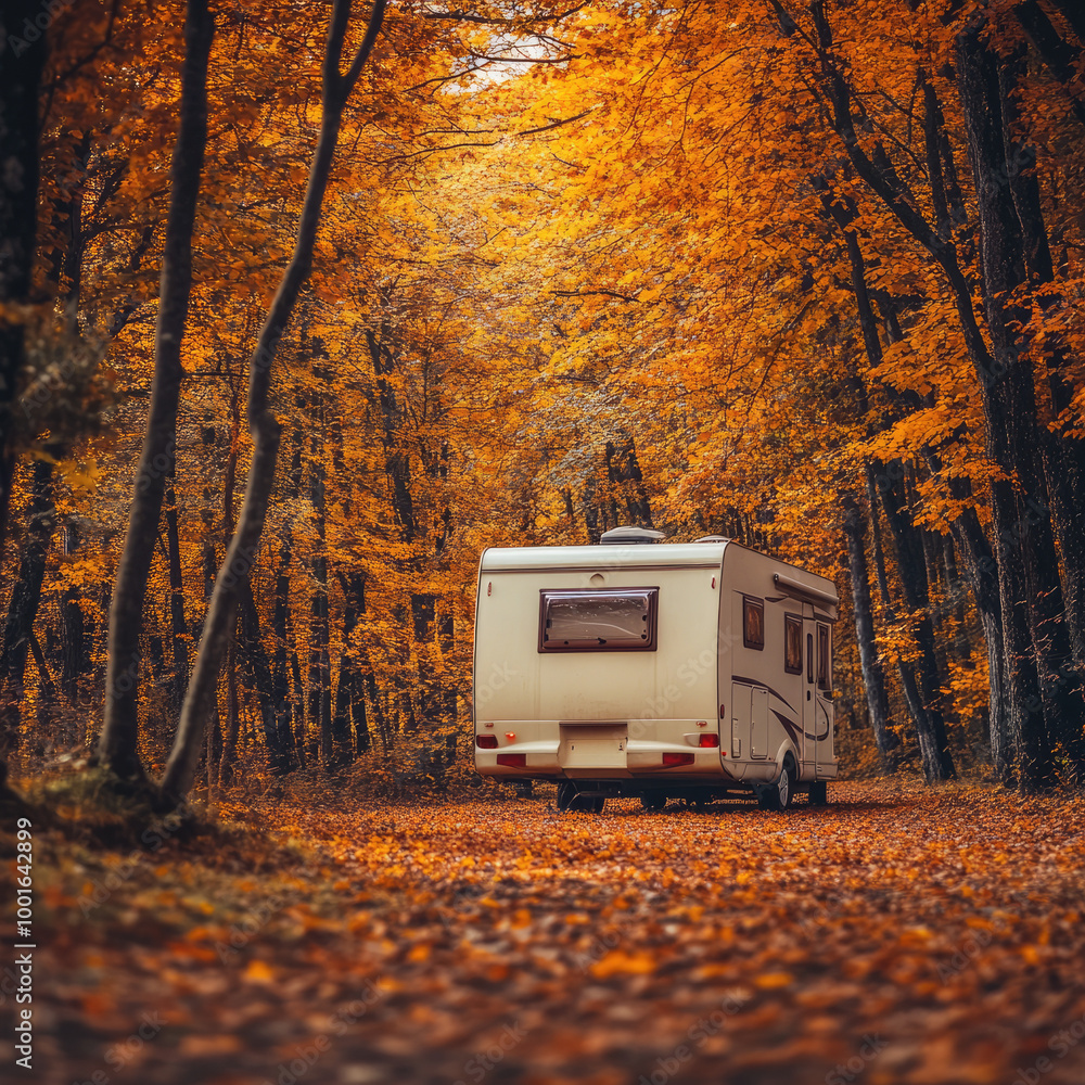 Travel trailer parked in forest wilderness nature in autumn or fall ...