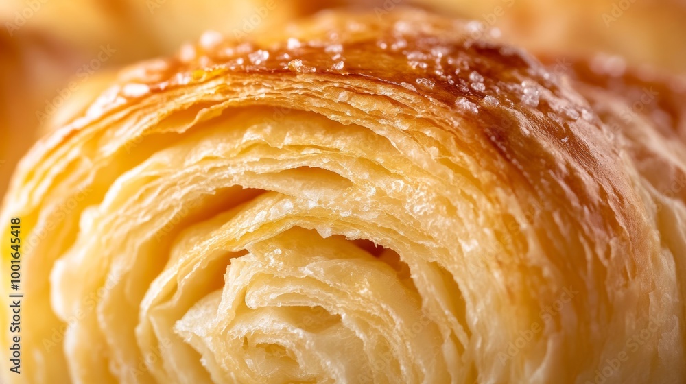Macro of a fresh croissant with flaky layers and golden buttery texture ...
