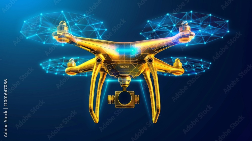 Advanced Aerial Technology Concept, digital high tech gold drone in low ...