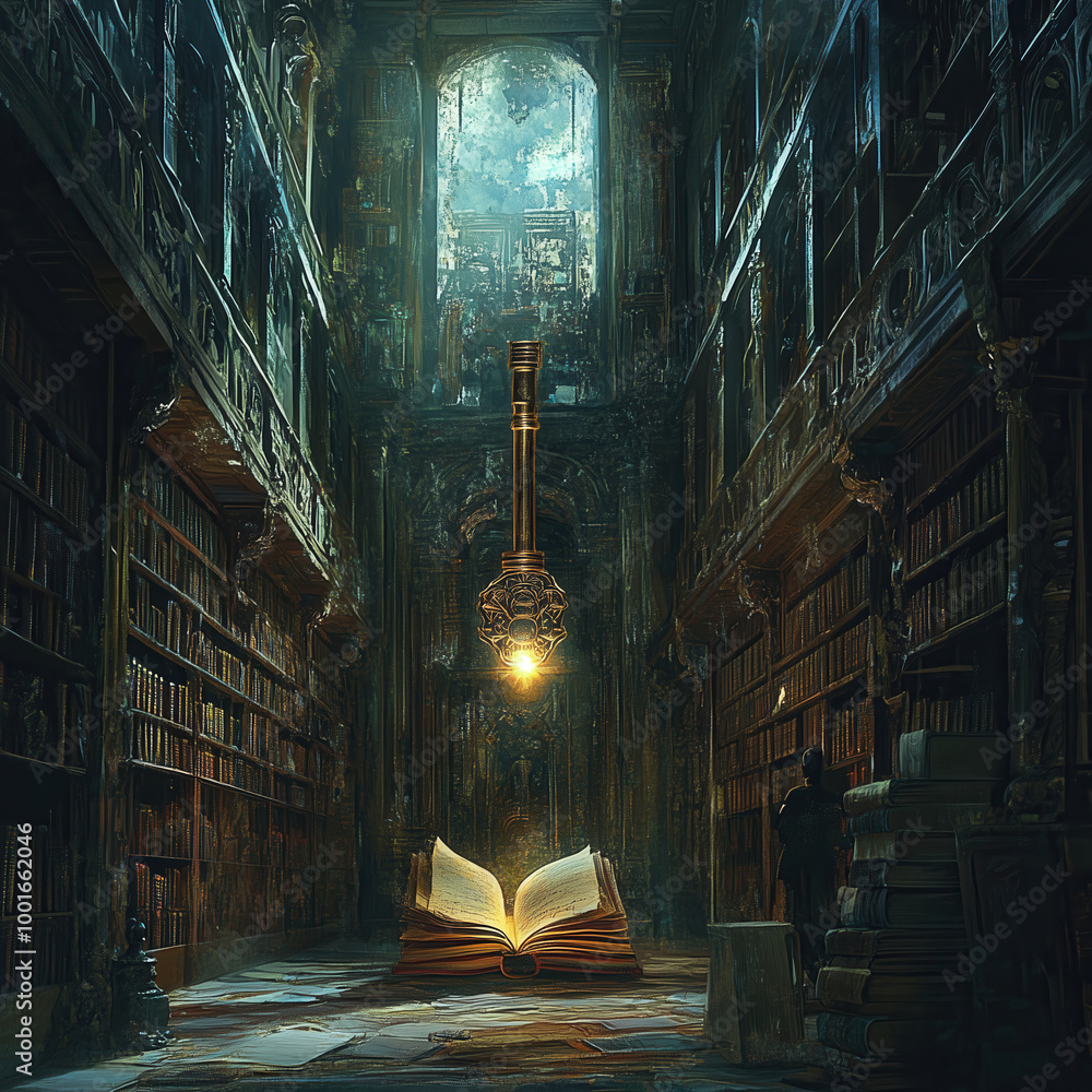 Glowing magical key floating above open spellbook in an ancient ...