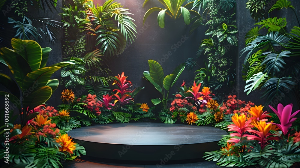 Tropical stage surrounded by vibrant plants and flowers. Lush and ...
