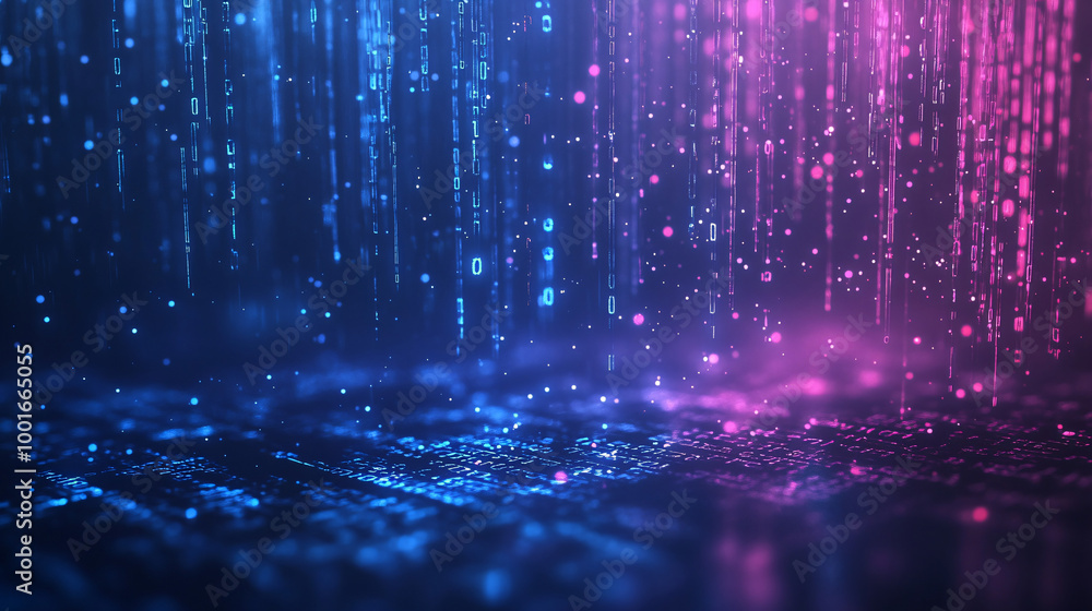 Abstract binary code gently raining on a smooth surface, creating a ...