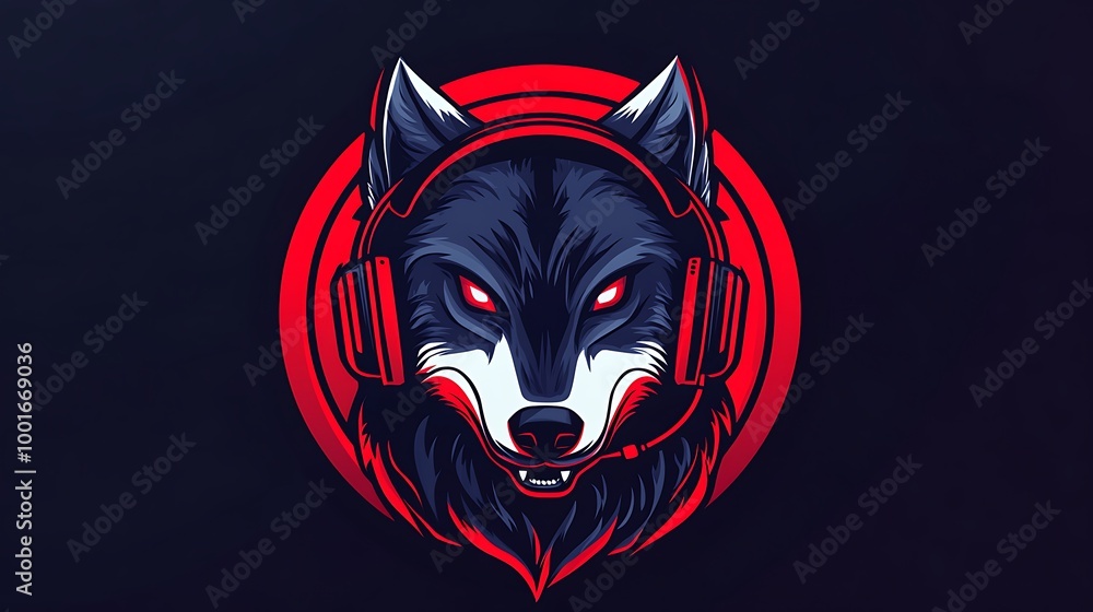 Wolf with headphones, red eyes, and red circle in background. Gamer ...