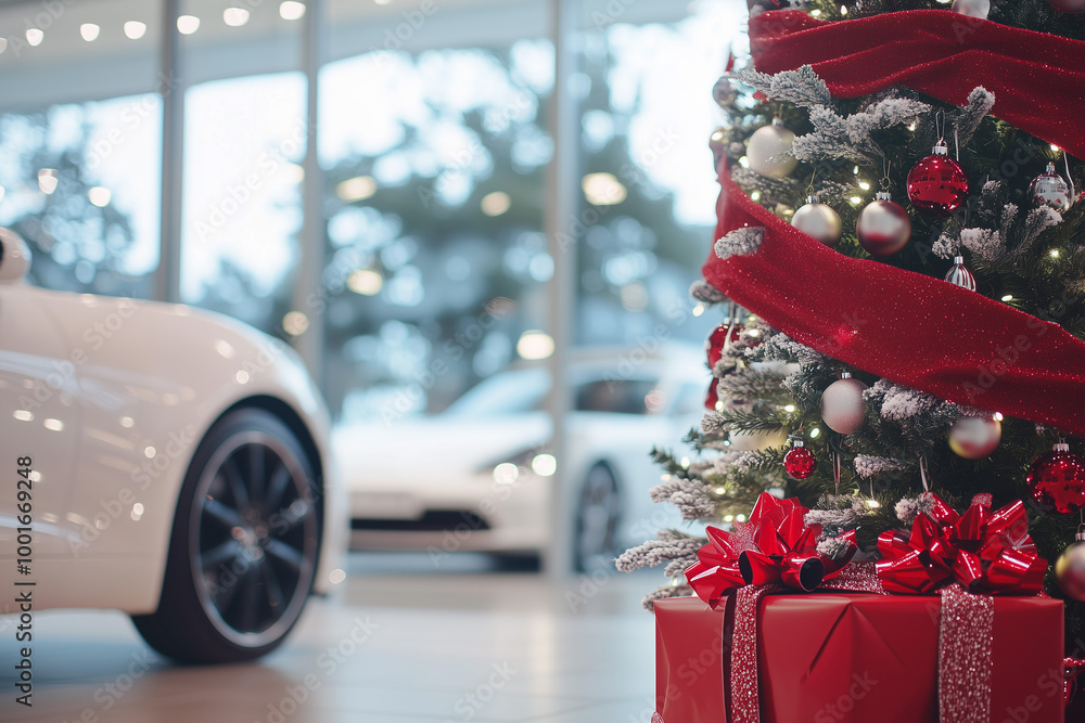 Christmas-themed image featuring a decorated tree and gifts in a car ...