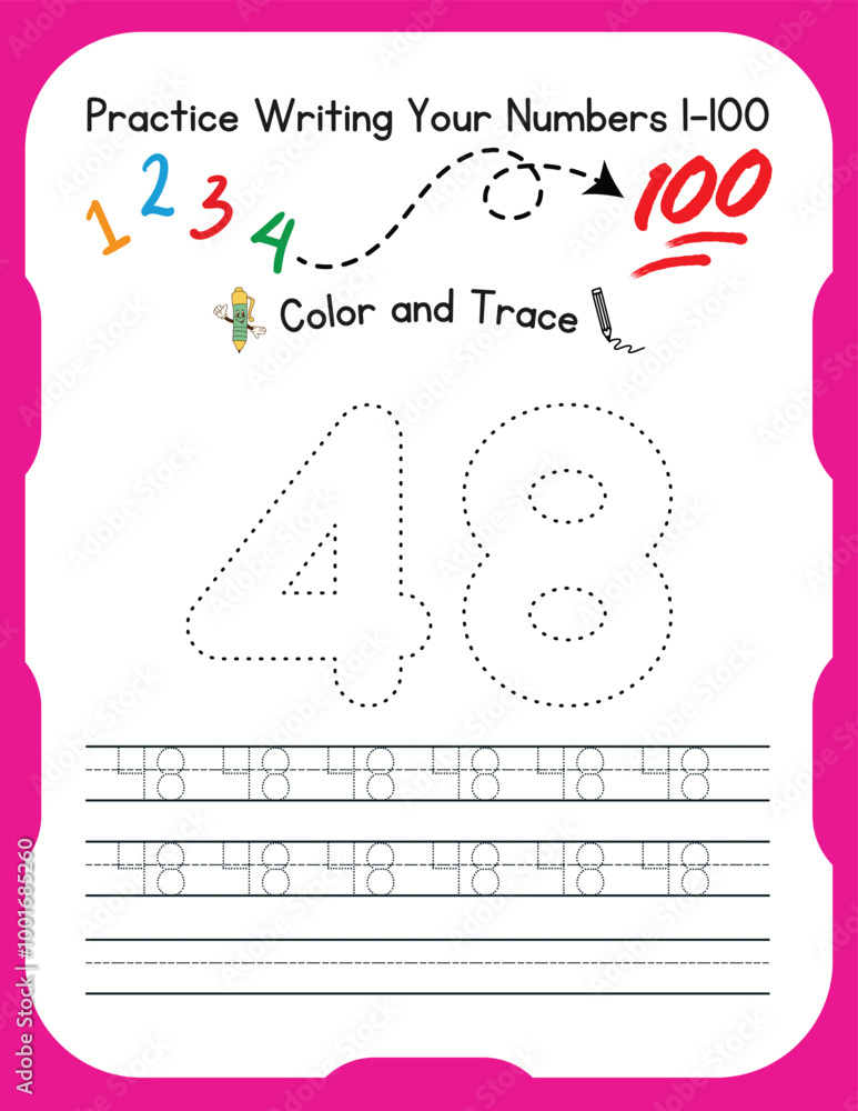 Number tracing Worksheets for kids Stock Vector | Adobe Stock