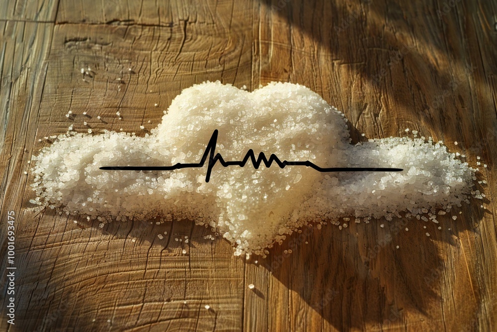 conceptual photo of a heart shape made of salt with a heartbeat symbol ...