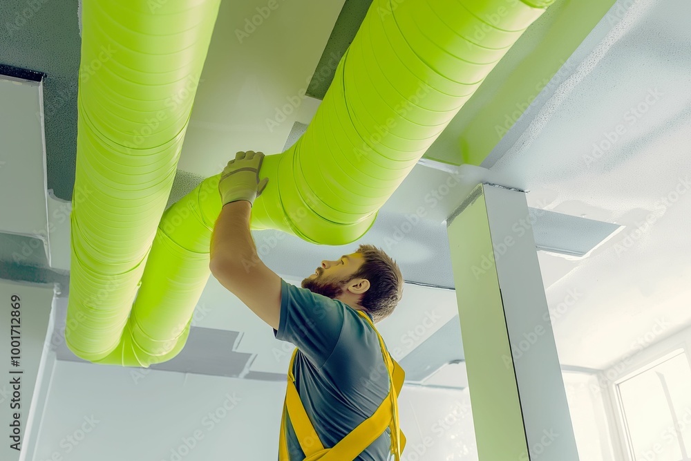 Worker mounting vibrant lemon-green air ducts to the ceiling of a ...