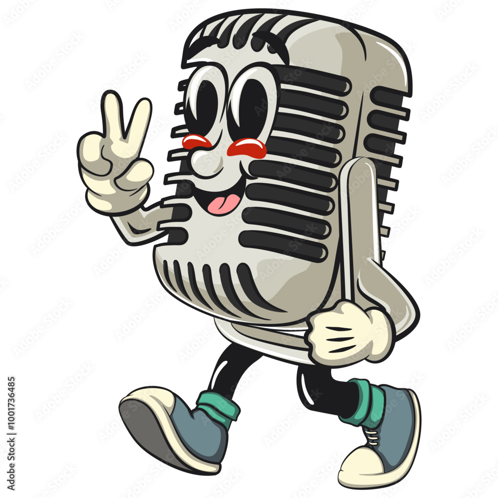 vintage microphone cartoon character mascot retro vector design walking ...