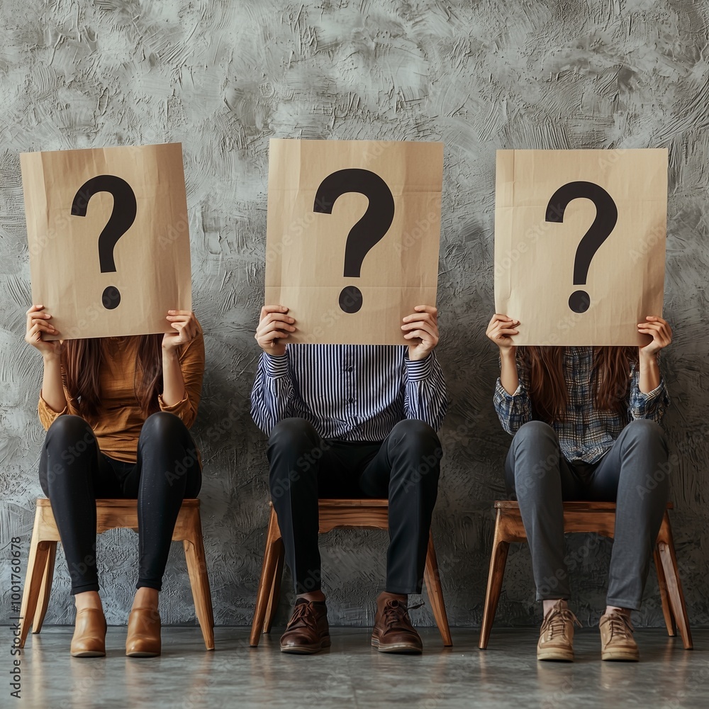 Young people hiding faces behind paper sheets with question marks while ...