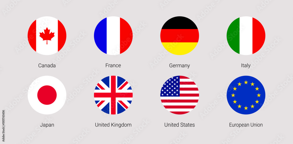 The Group of Seven flag vector illustration. G7 and EU rounded flags ...