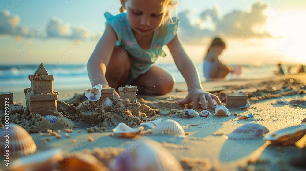 Young girl builds a sandcastle on the beach with seashells and sand ...