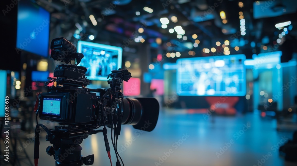 The bustling television studio features large cameras and bright lights ...