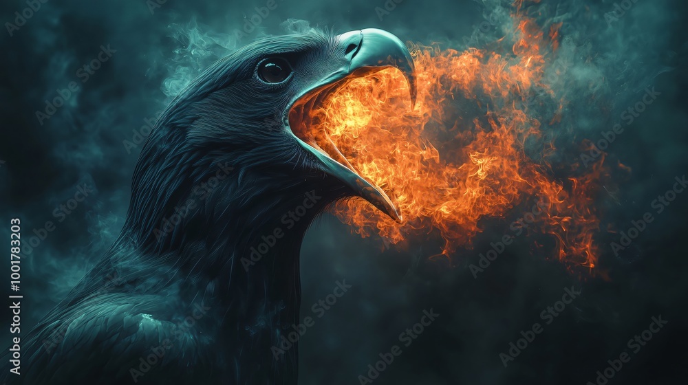 Majestic eagle with piercing eyes is breathing a powerful stream of ...
