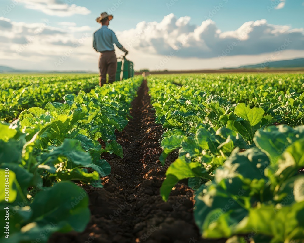 An organic farming scene, showcasing rows of vibrant crops under a ...