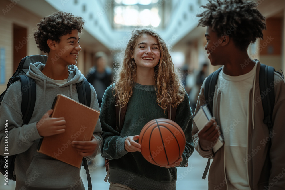 basketball players with balls in the school. group of students in the ...