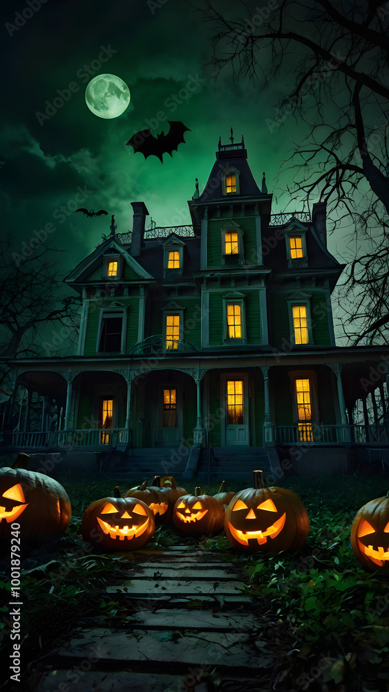 Spooky Halloween Scene with Creepy Pumpkins, Haunted Mansion, and Full ...
