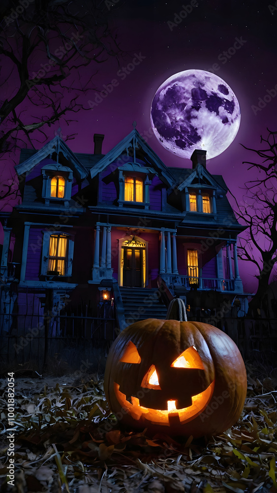 Spooky Halloween Scene with Creepy Pumpkins, Haunted Mansion, and Full ...