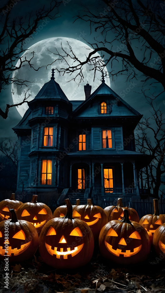 Spooky Halloween Scene with Creepy Pumpkins, Haunted Mansion, and Full ...