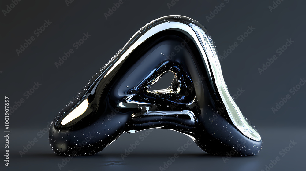 Reflective liquid metal letter a in with a glossy finish and fluid ...