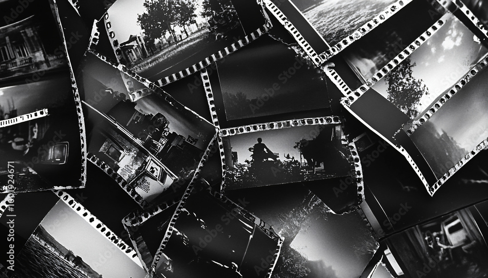 Overlapping frames of black-and-white film strips, showing scenes from ...