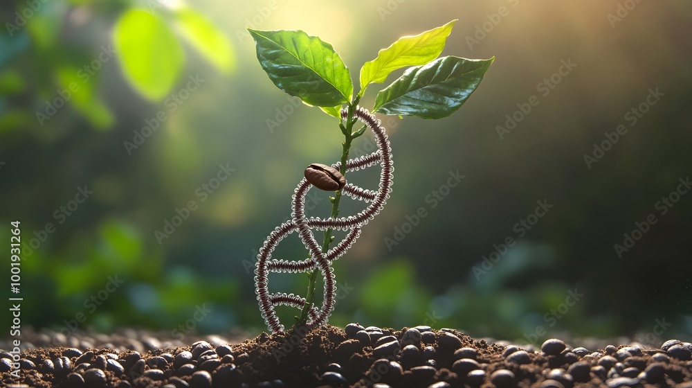 Coffee Plant DNA: A coffee bean sprout emerges from rich soil, its ...