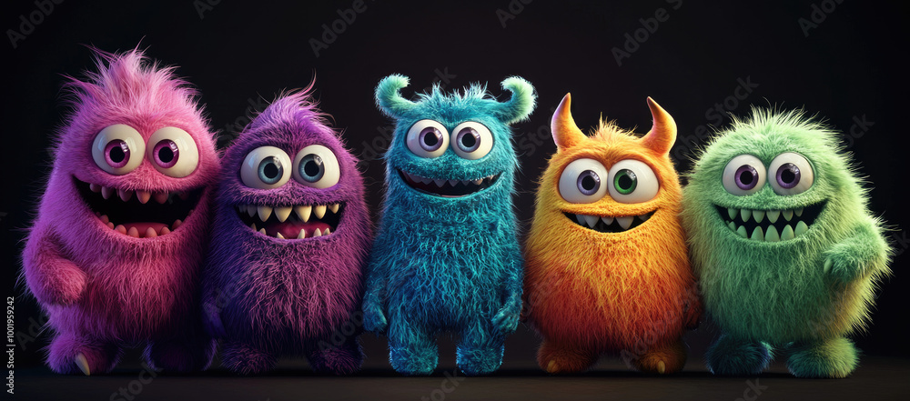 Five cute, fluffy, and furry monsters standing next to each other. They ...