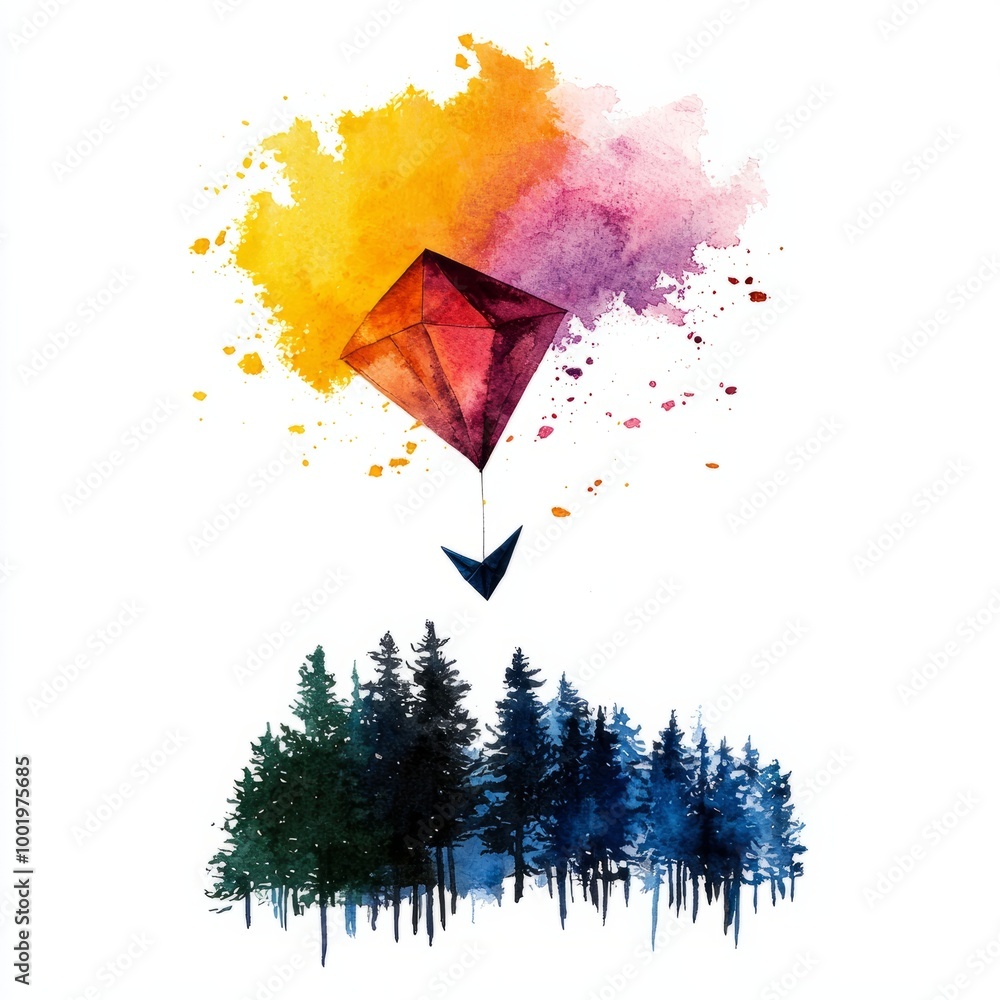 Watercolor painting of an origami kite flying high above trees, on ...