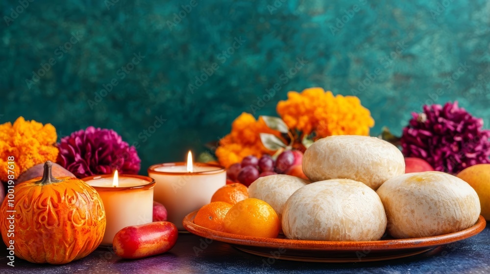 Vibrant altar with candles and offerings of tamales, fruit, and bread ...