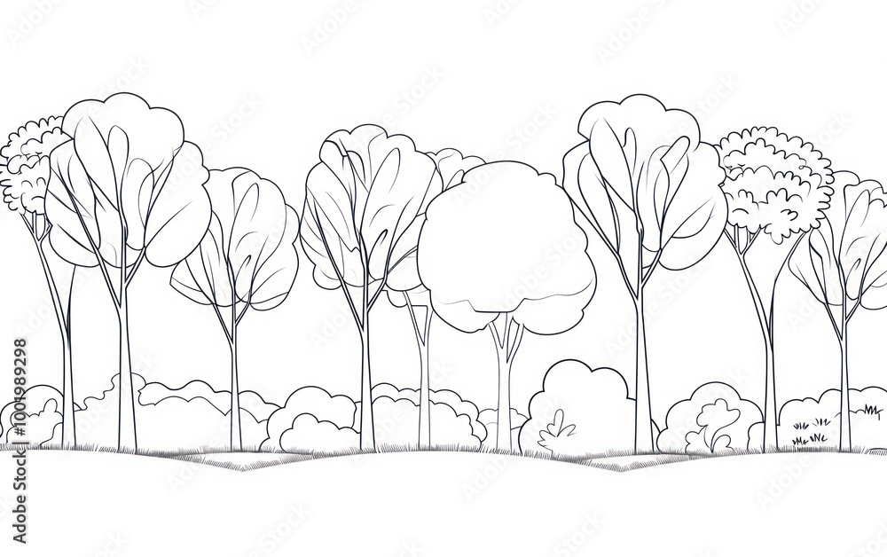 Outline drawing of trees in a row. Simple black and white illustration ...