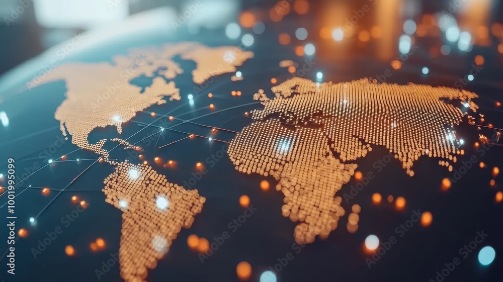 Global network connections illustrated with glowing dots on a dark map ...