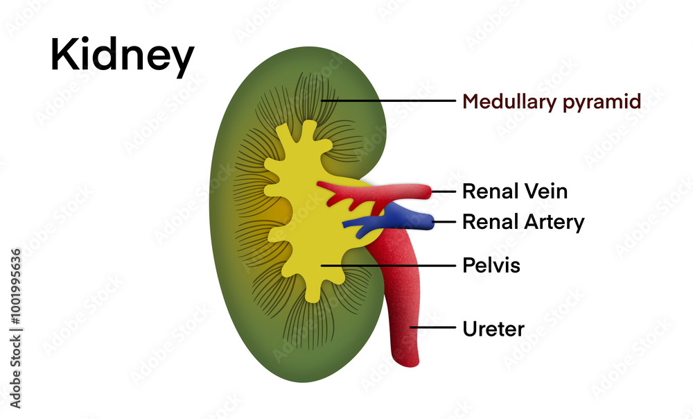 anatomically stylized illustration of human kidney, emphasizing the ...