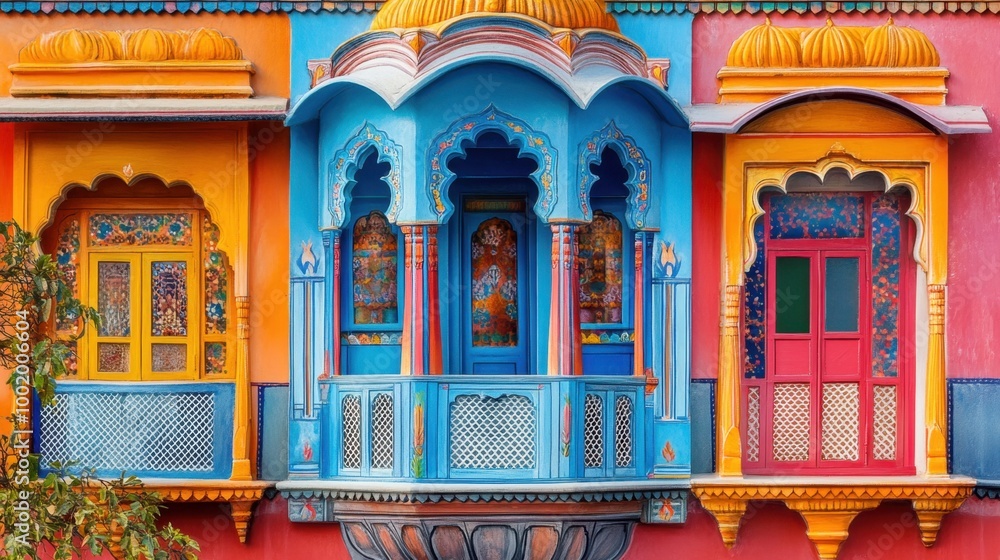 Colorful and lively traditional Indian Haveli facade, representing the ...