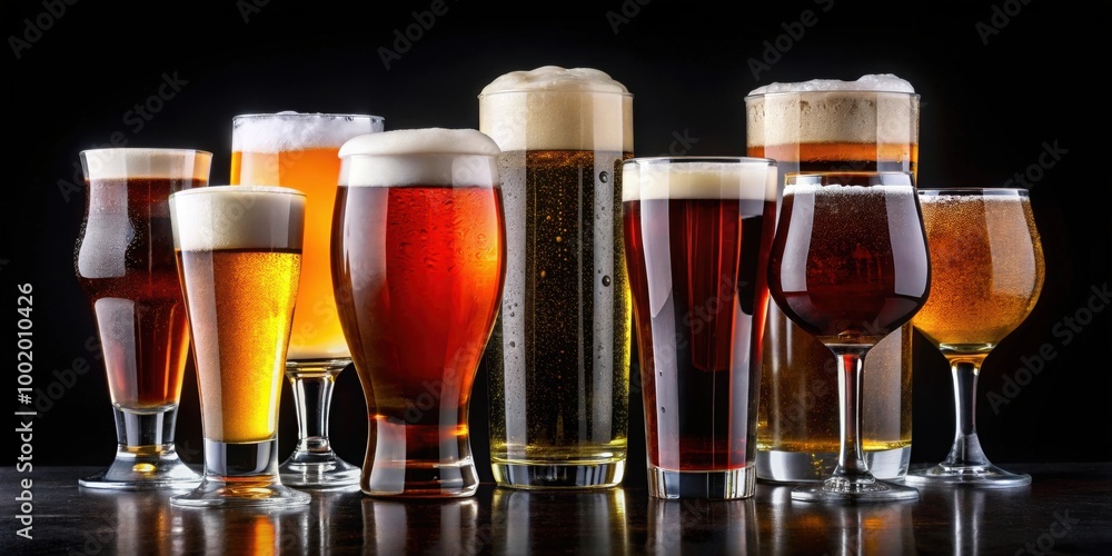 Different types of beer served in various glasses on black background ...
