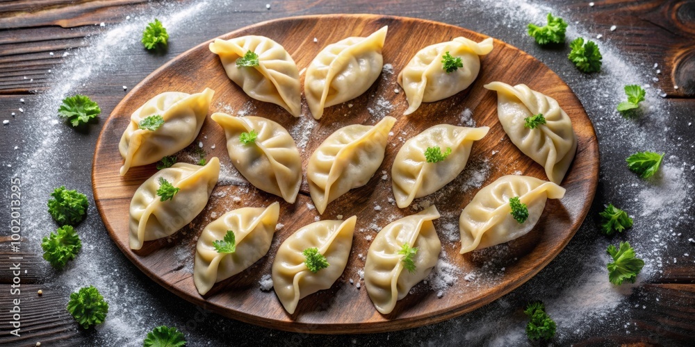 Overhead view of frozen uncooked stuffed gyoza food , gyoza, dumplings ...