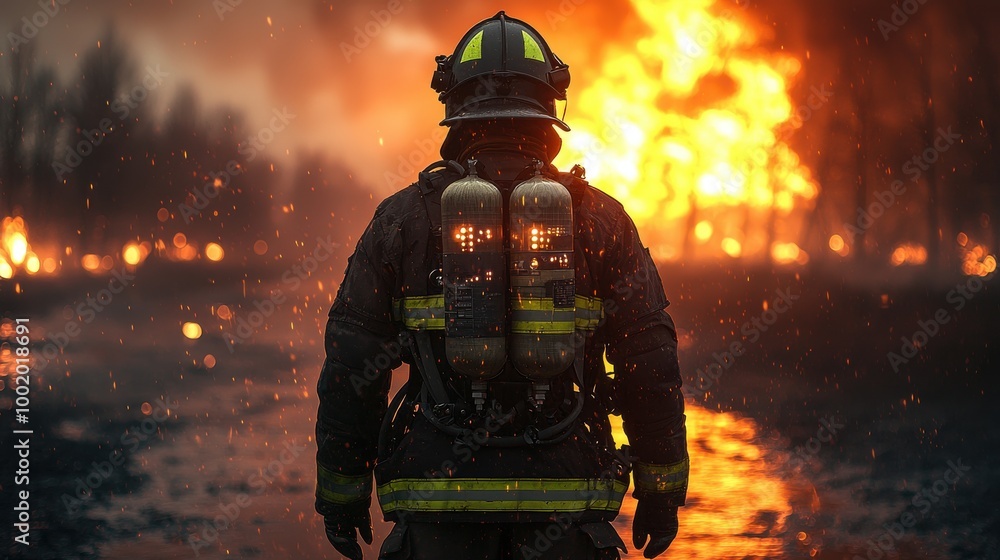 Firefighter stands in front of a raging wildfire at night, illuminated ...