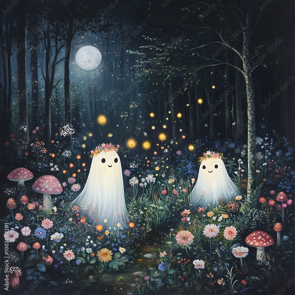 15. Softly lit forest with pastel blooms and floral-crowned ghosts ...