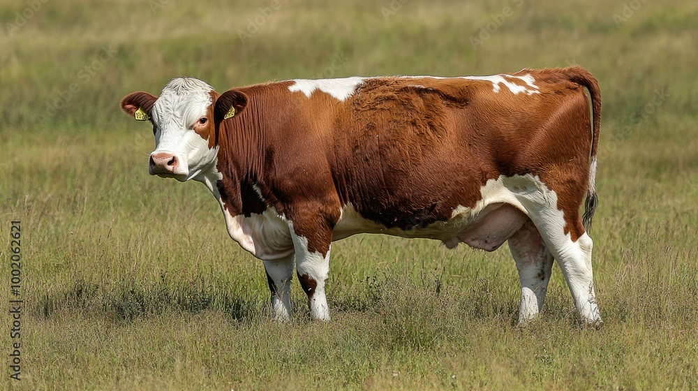 Side profile of a Hereford cow in a grassy meadow, showing its strong ...