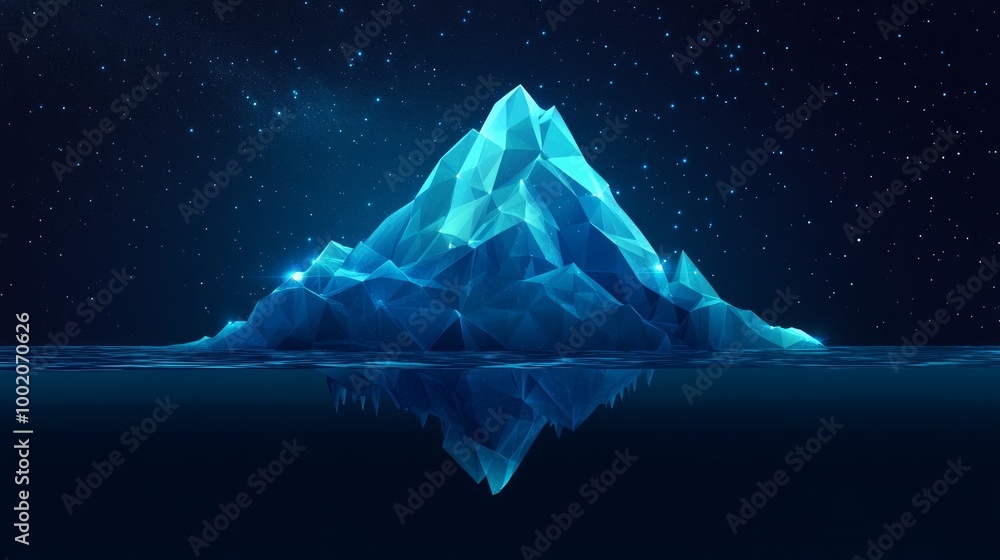 Abstract digital iceberg in a cold ocean. Light blue moon in night ...