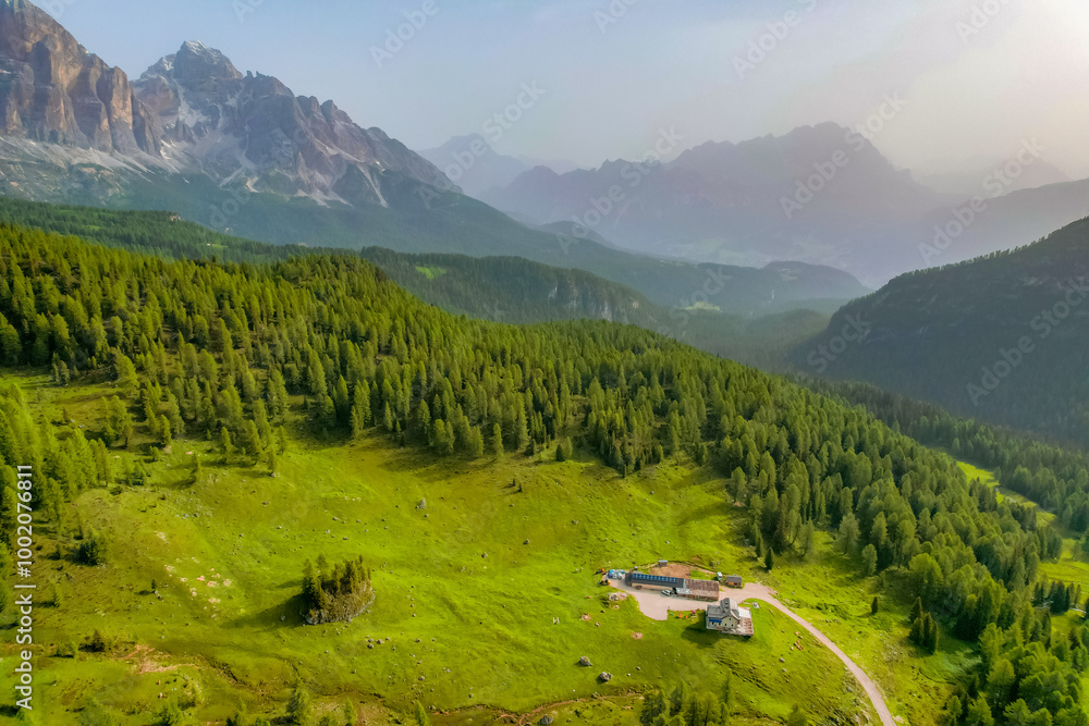Snake Road in the Dolomites. Sunrise aerial forest. Pathway from Snake ...